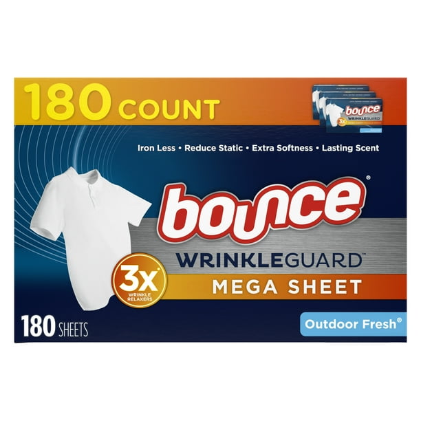 Bounce Wrinkle Guard Mega Dryer Sheets, 180 Count, Outdoor Fresh Scent ...