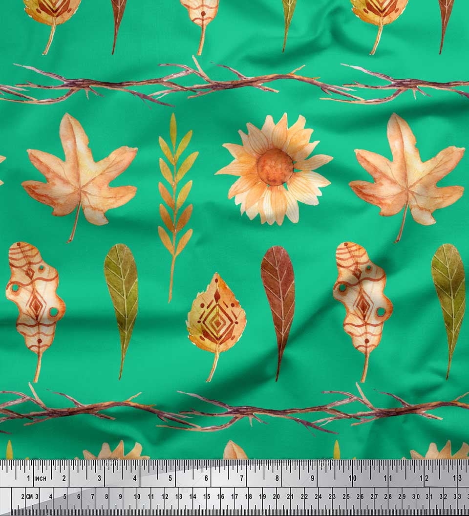 Soimoi Green Velvet Fabric Sunflower & Autumn Leaves Print Fabric by ...