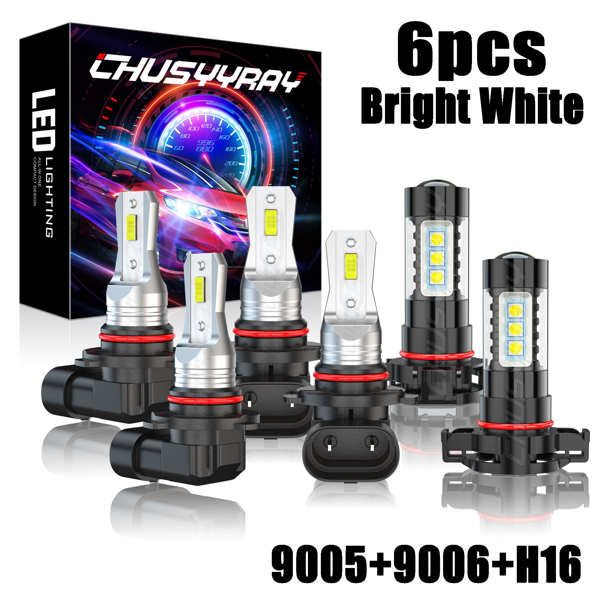 9005 9006 LED Headlights Kit Combo Bulbs 6000K High Low Beam H16 Fog ...