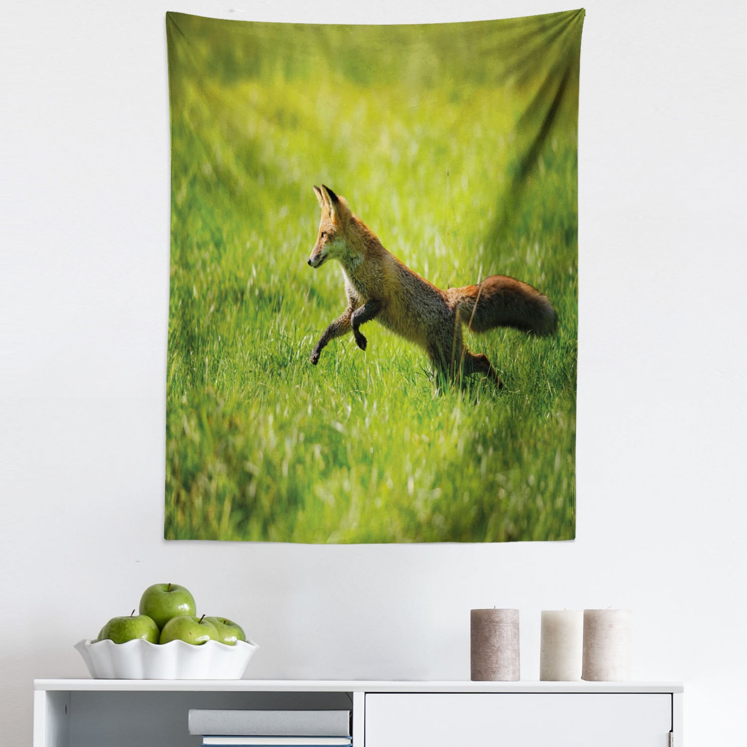 Fox Tapestry, Red Fox Jumping Running in Fresh Green Grass Daytime ...