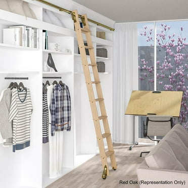 107 in. Unfinished Red Oak Library Ladder Bronze Rolling Ladder Kit ...
