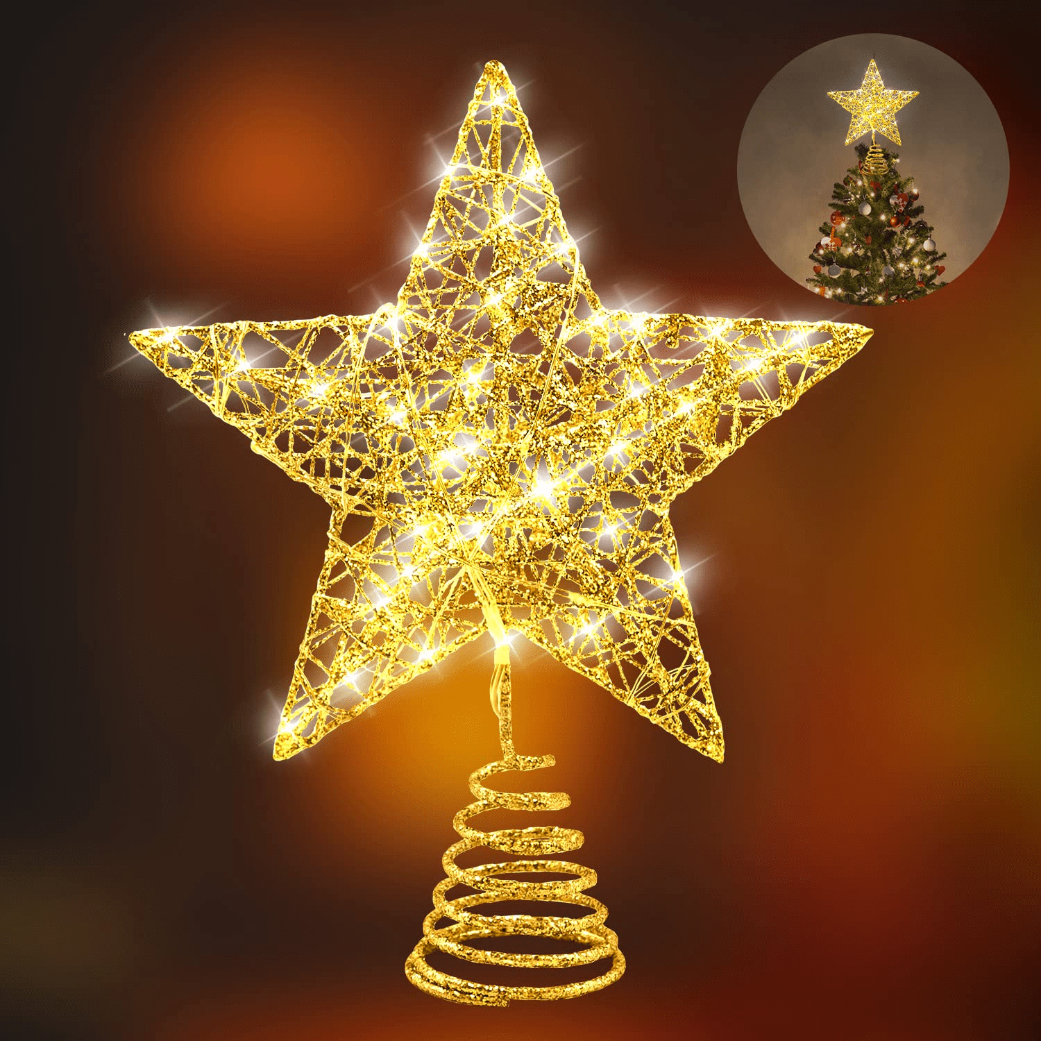 Christmas Tree Toppers, Star Tree Toppers Metal Design Glittered Tree-top Star, 30 LED Lights ...