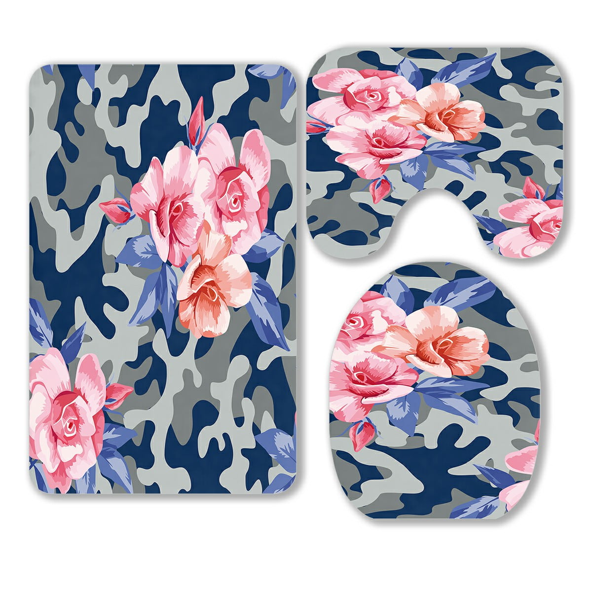 ABPHQTO Camo Urban Flower Pink Rose Color 3 Piece Bathroom Rugs Set ...