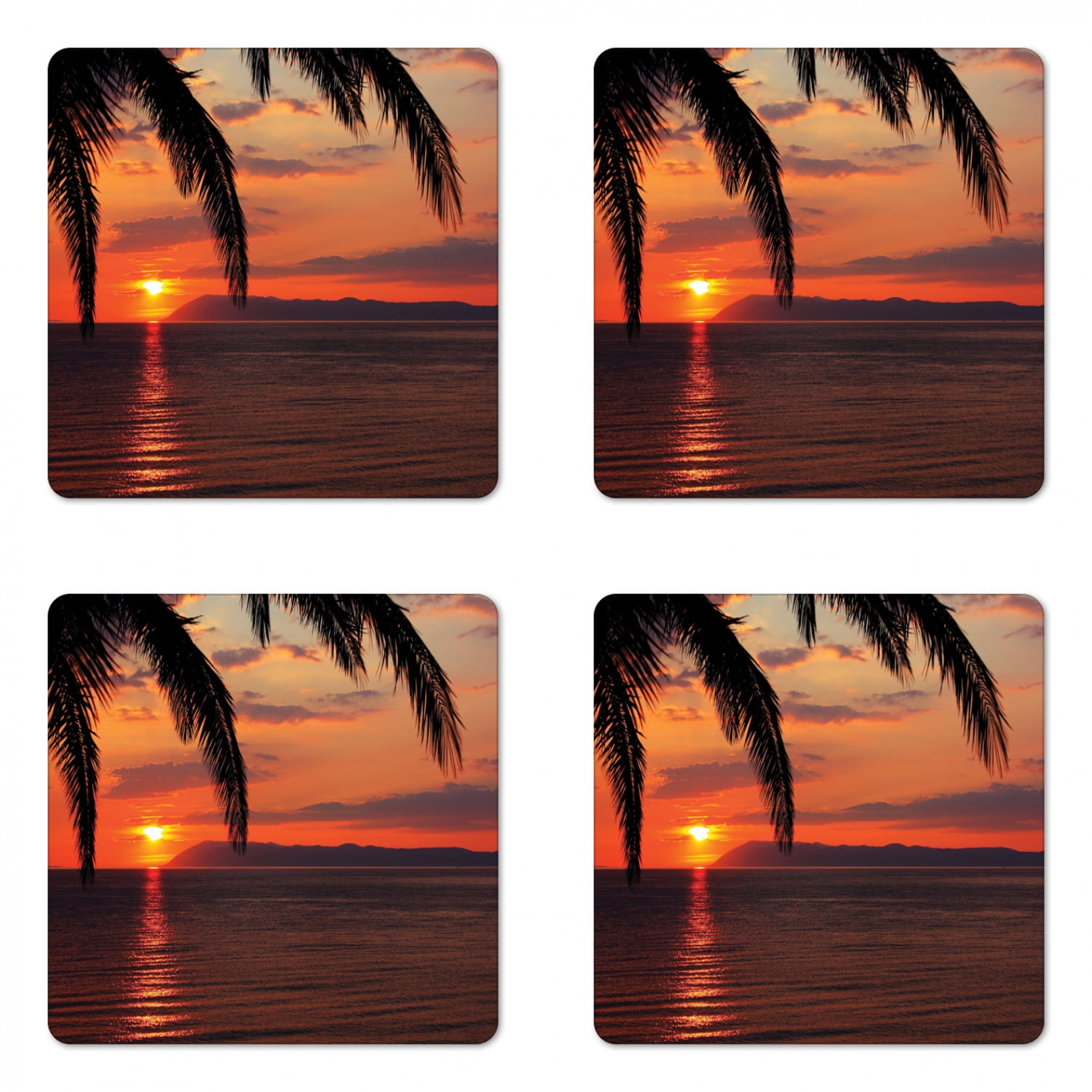 Tropical Coaster Set of 4, Sunrise on Sea Palm Trees Exotic Holiday ...
