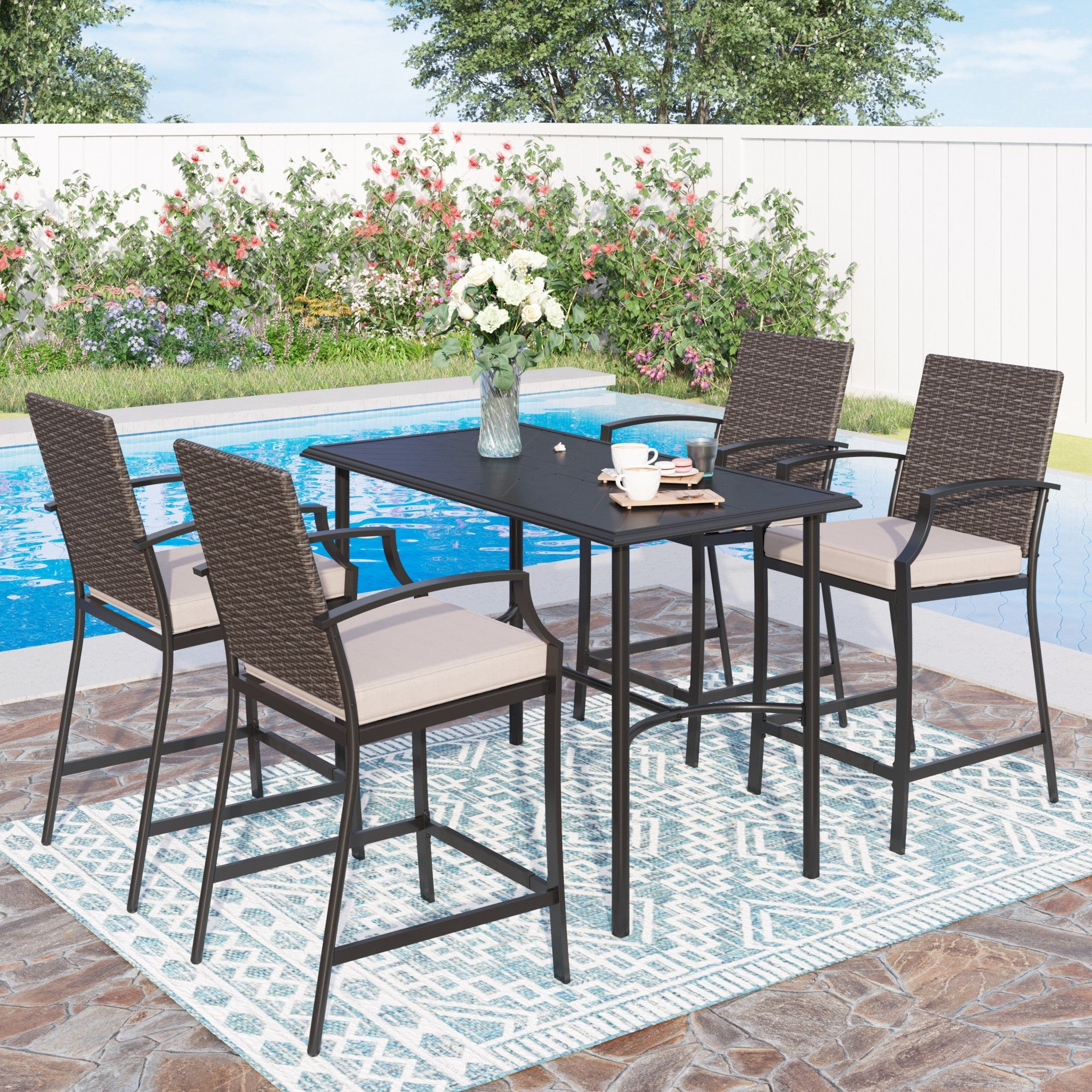 Sophia & William 5 Piece Patio Outdoor Wicker Bar Set Furniture Set ...