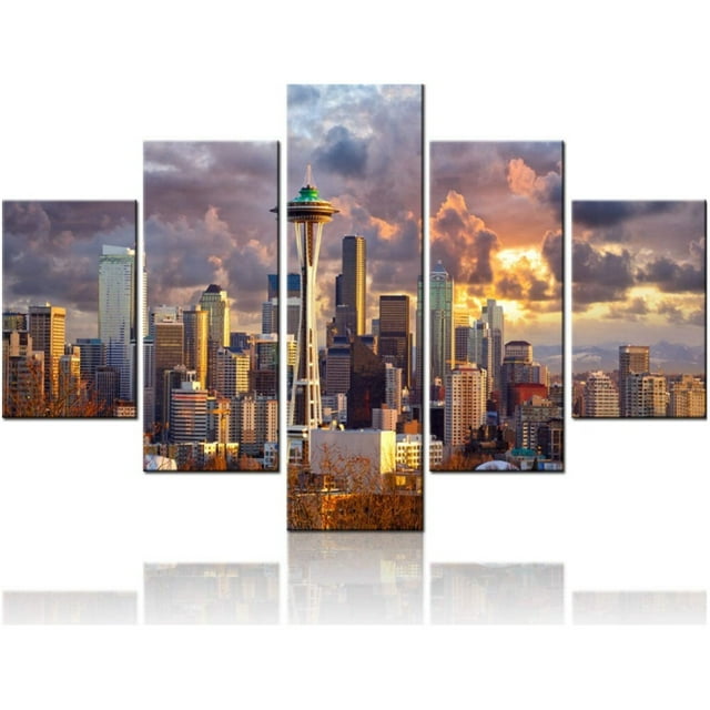 TISHIRON 5PCS Framed City Canvas Wall Art Set,60"x40" Seattle Skyline ...