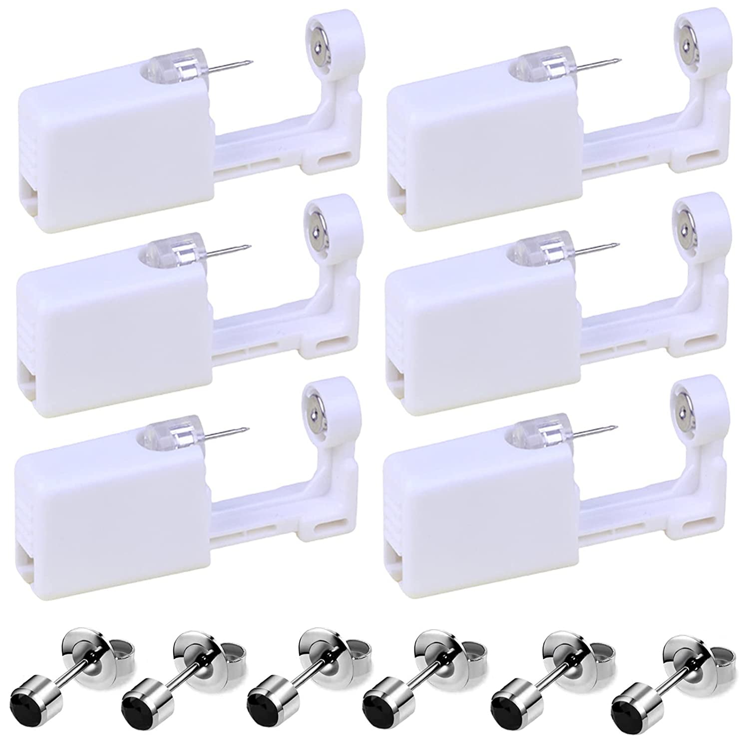 6 Pack Ear Piercing Tool Kits with 4 mm Black Stud Earrings, Surgical ...
