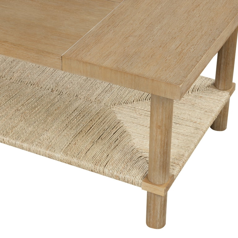 Nathan James Beacon Bohemian Rectangle Coffee Table with Solid Wood Legs Seagrass Shelf Storage Light Brown