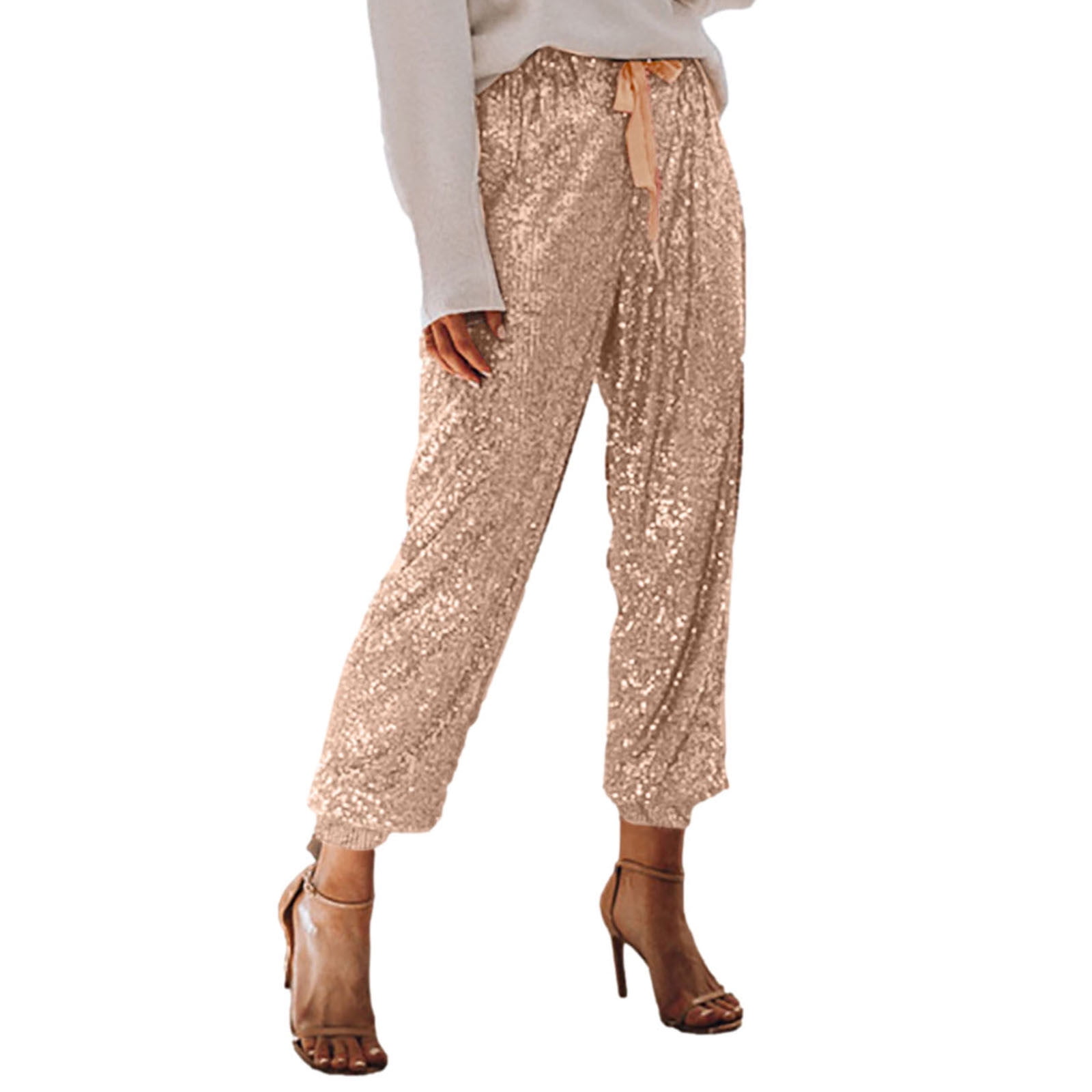 RQYYD Womens Sparkly Sequin Joggers Pants High Waist Drawstring Elastic ...