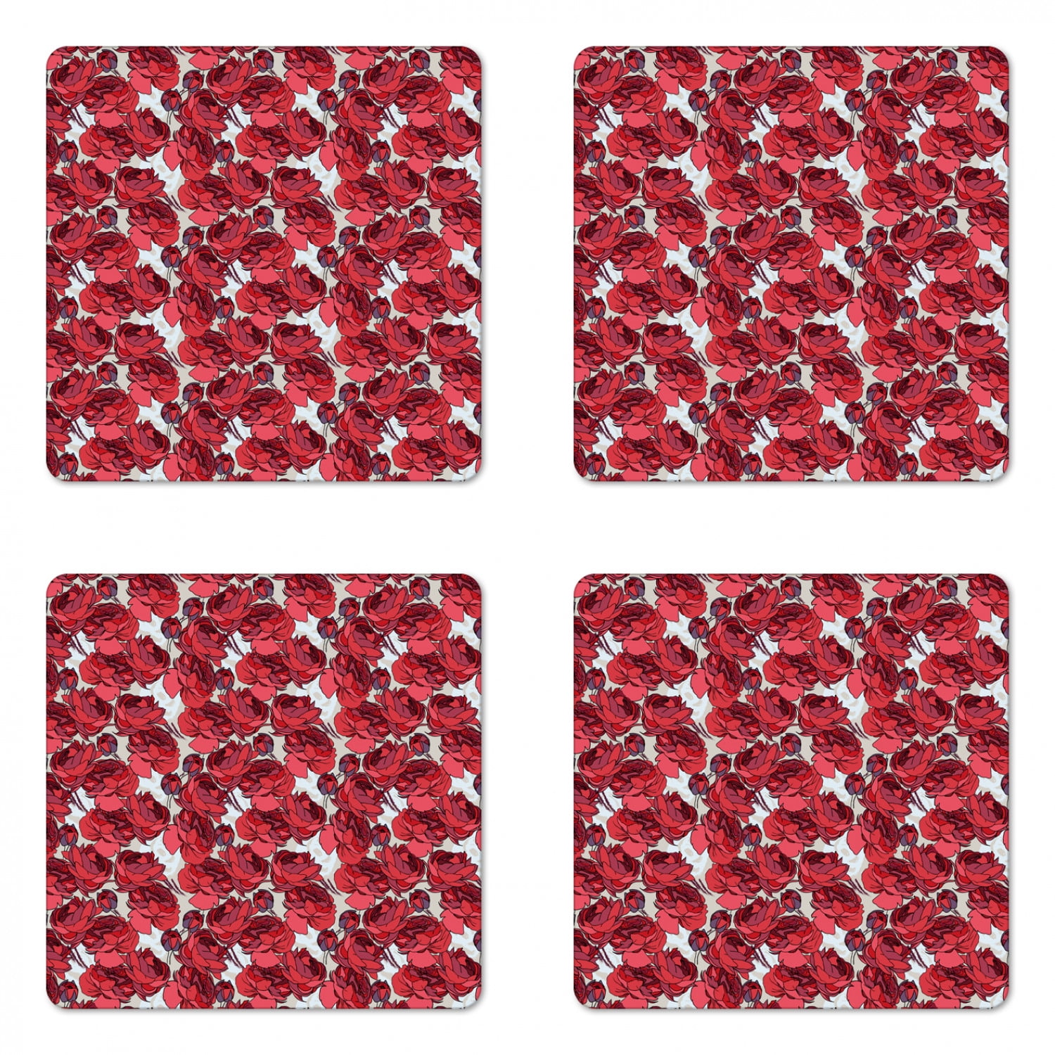 Floral Coaster Set of 4, Vibrant Graphic Design Roses Pattern Blossoms ...