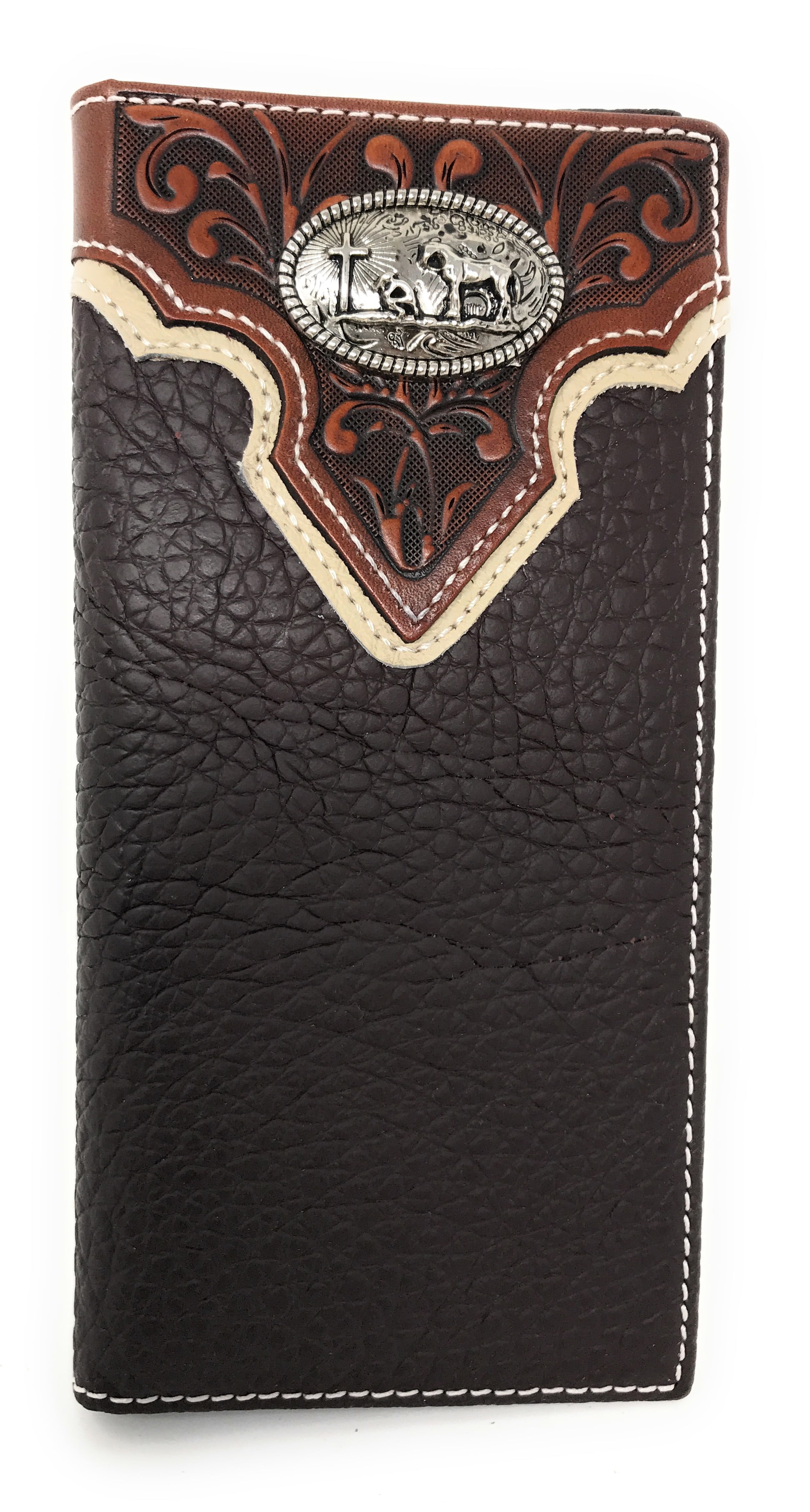 Western Tooled Genuine Leather Praying Cow Boy Men's Long Bifold Wallet ...