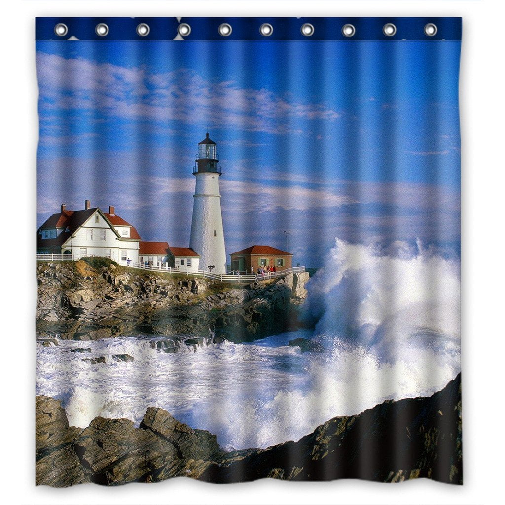 Gckg Lighthouse And Wave Bathroom Shower Curtain Shower Rings Included