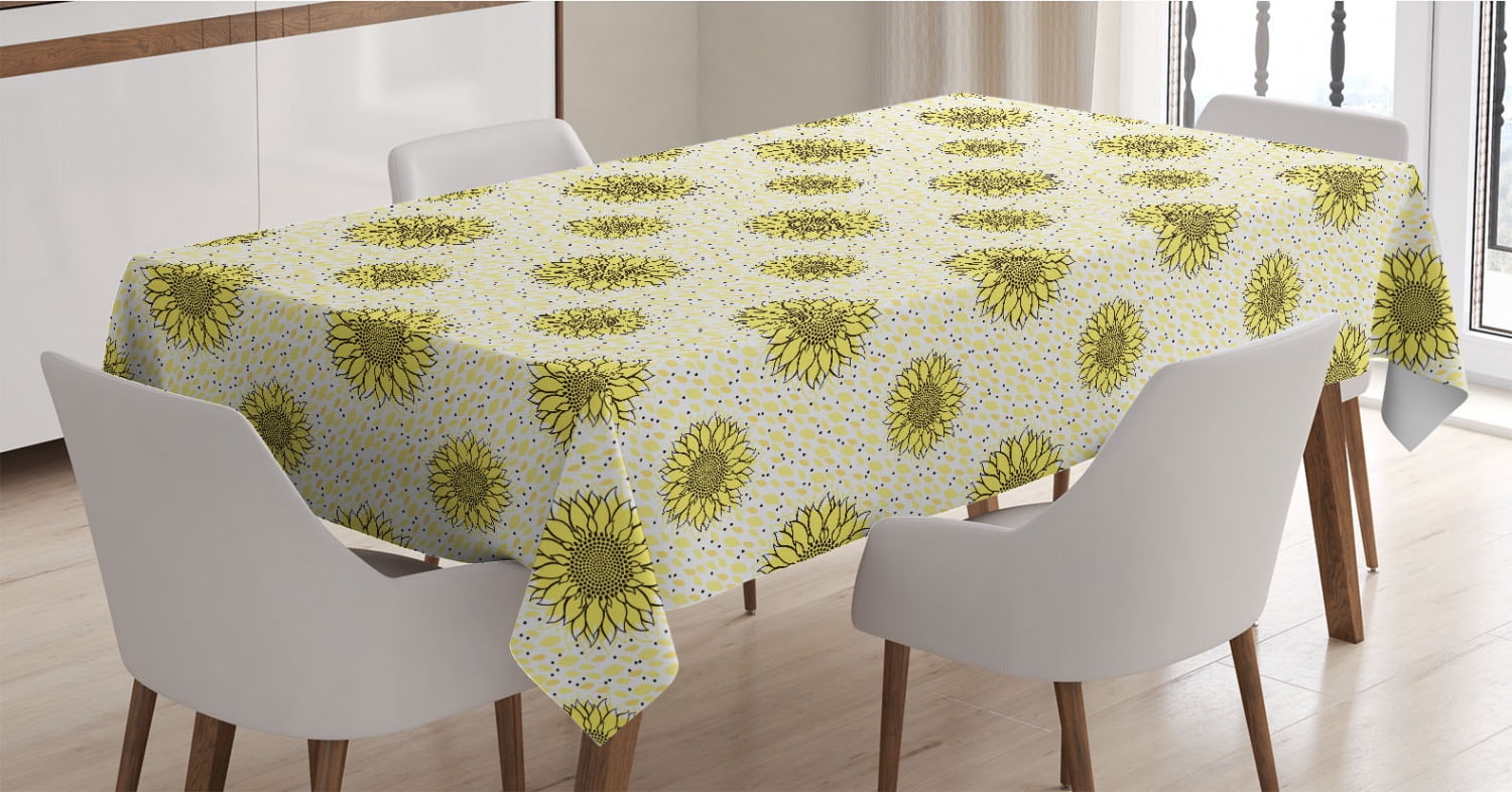 Yellow Polka Dot Tablecloth, Layout of Sunflower Silhouettes Leaves and ...