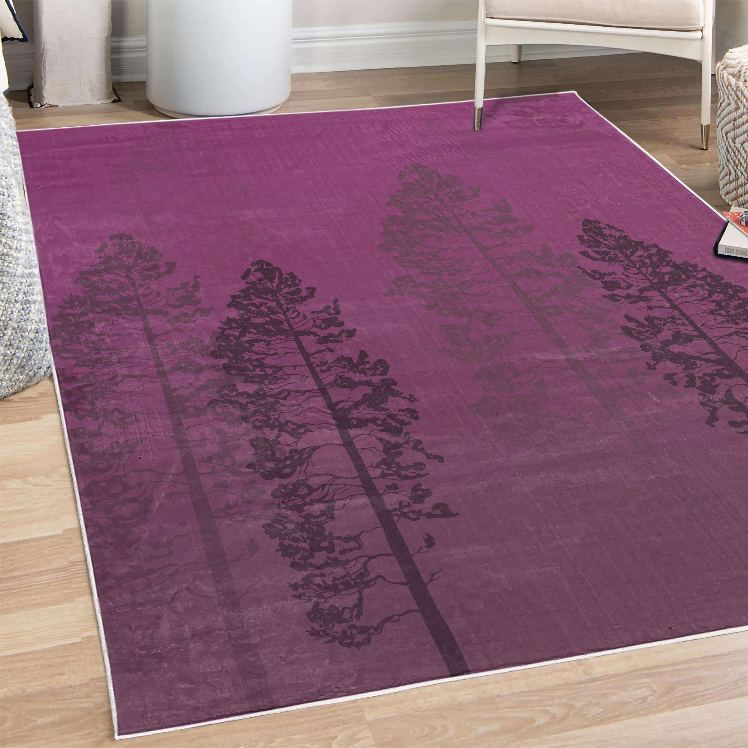 Country Decorative Rug, Pine Trees in the Forest on Foggy Seem Ombre ...