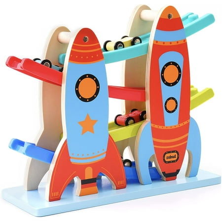 ROBUD Car Ramp Toy for Toddlers Wooden Car Ramp Racer Track with 4 Cars ...