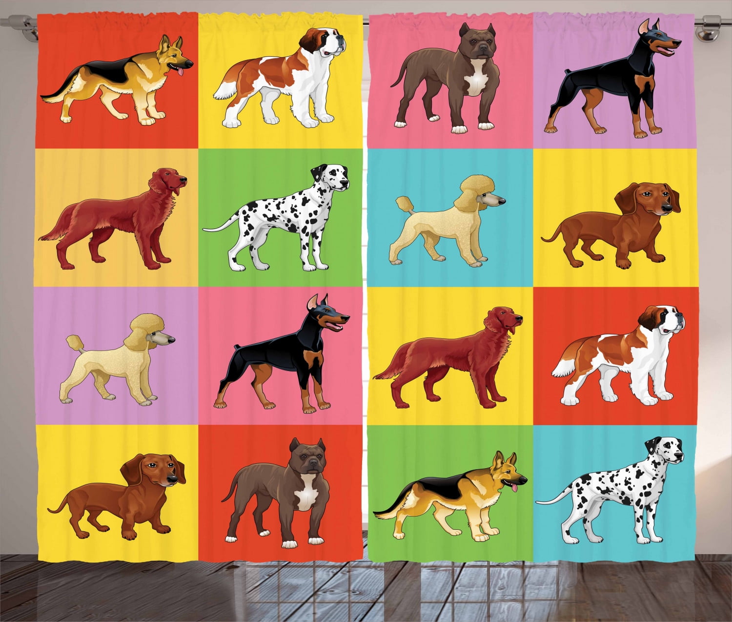 Dogs Curtains 2 Panels Set, Colorful Checkered Pattern with Different ...