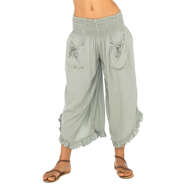 qolati Women's Wide Leg Palazzo Pants Vintage Tie-Dye Print Ruffle Hem ...