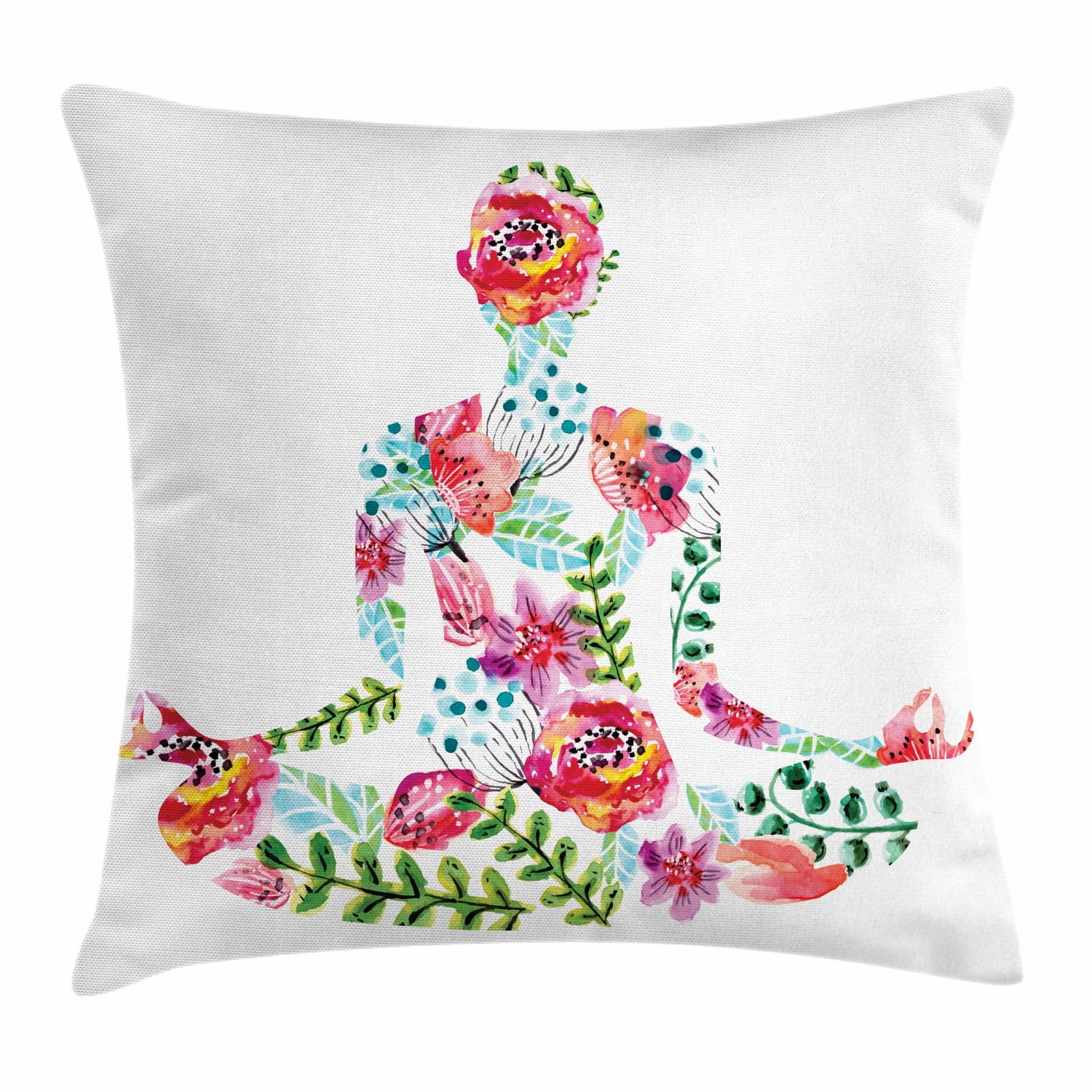 Yoga Throw Pillow Cushion Cover, Silhouette in Lotus Pose with Blooming ...