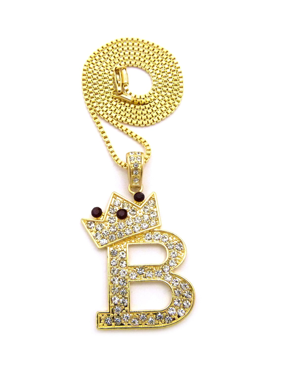 Stone Stud Tilted Crown Initial B Pendant w/ Gold-Tone Necklace - 2mm ...