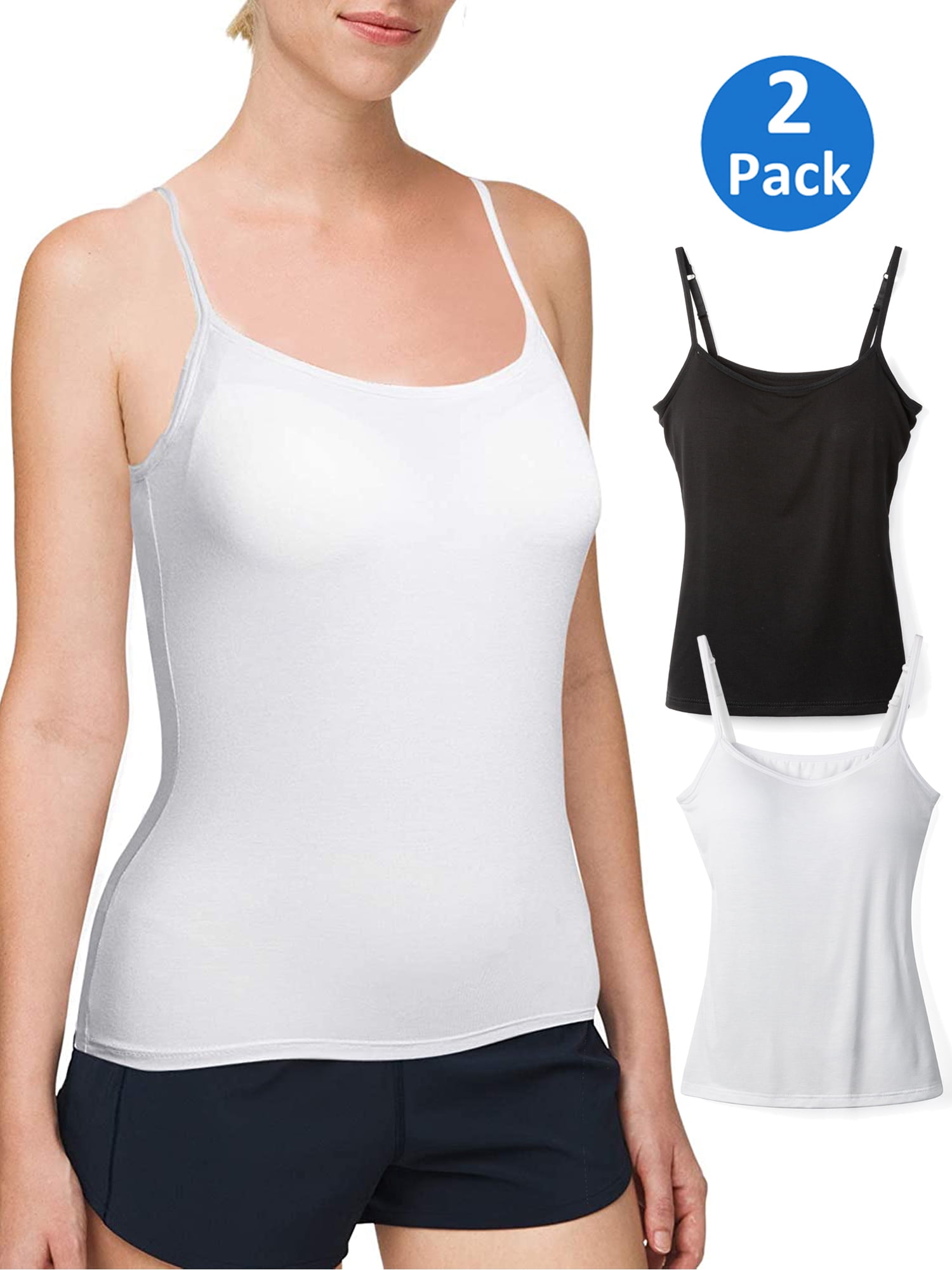 MISS MOLY - Women's Cami with Built-in Bra Adjustable Strap, 2 Pack ...