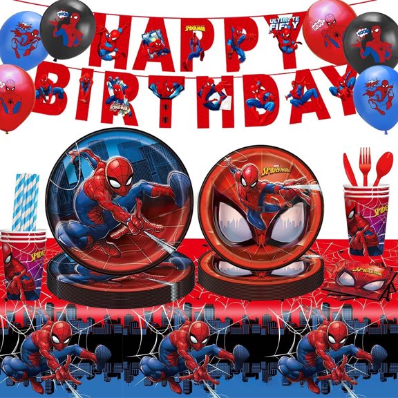 Spiderman Birthday Supplies Kit for 16 Guests | Decor, Balloons, Plates ...