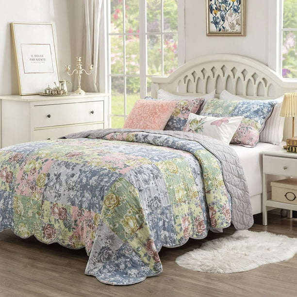 Greenland Home Fashions Emma Traditional Patchwork Floral Quilt Set 3 ...