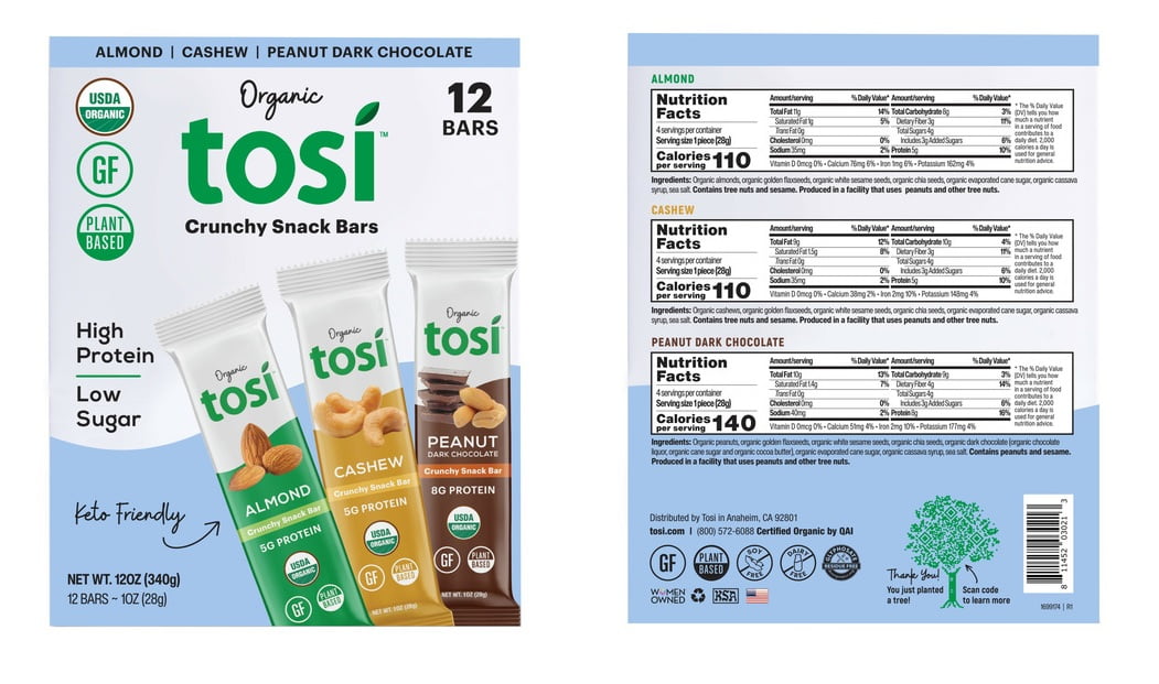 Tosi Organic Crunchy Snack Bars Variety Pack (Almond, Cashew, Peanut ...