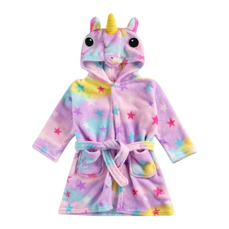 Children?s Girls Long-sleeved Flannel Bath Robe, Rainbow Cartoon Hooded ...