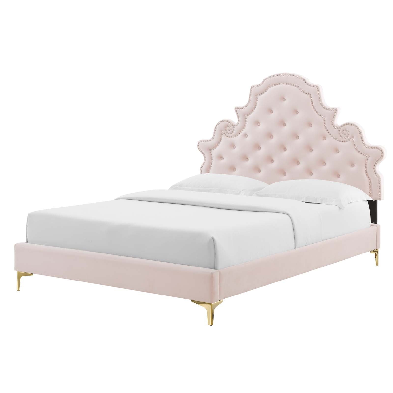 Tufted Platform Bed Frame, Queen Size, Velvet, Pink, Modern ...