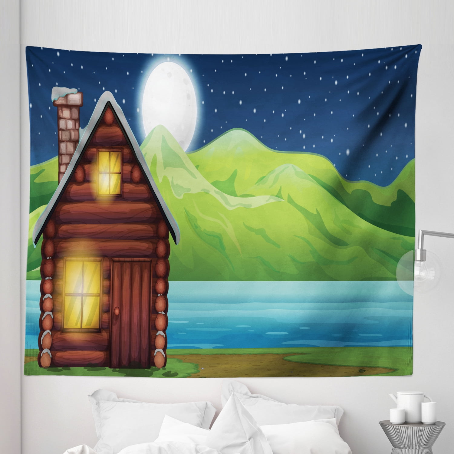 Log Cabin Tapestry, Countryside Theme Image of a Rustic Cabin near ...