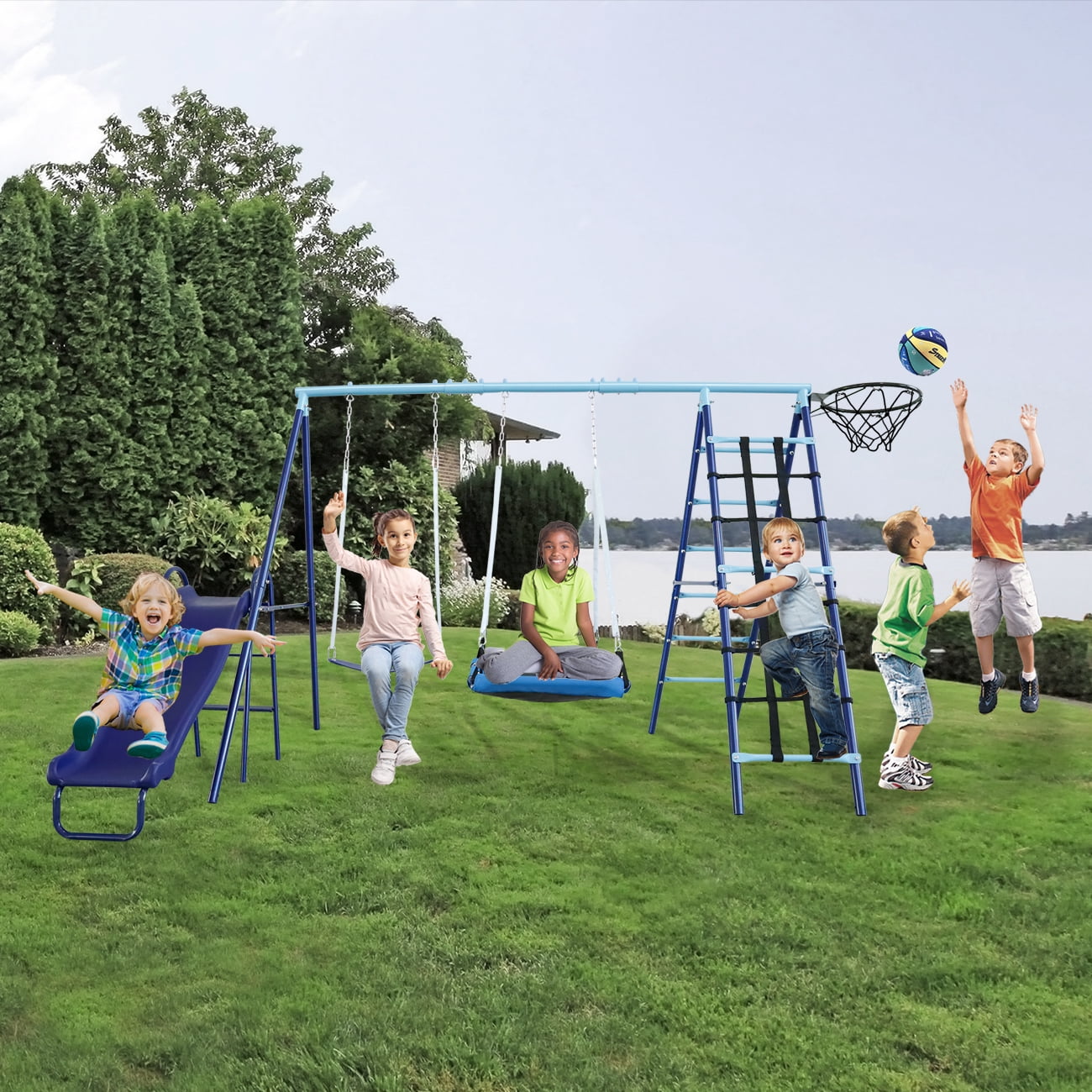 SMkidsport Outdoor Playset Swing Set for 3 8 Years A Frame Stand Slide Hoop Net Ladder Walmart