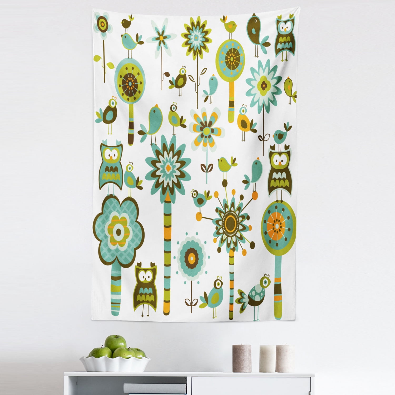 Cartoon Tapestry, Graphic Cartoon Style Shaped Image Birds Florals ...