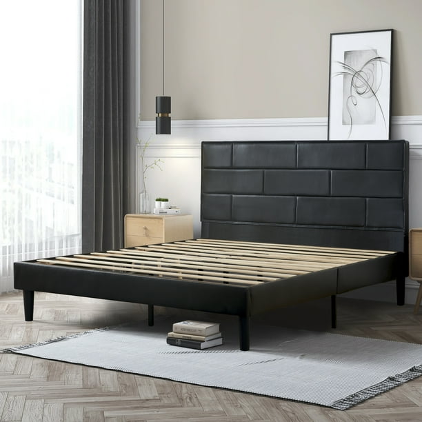 Subrtex King Platform Bed Frame with Removable PU Leather Upholstered Headboard Heavy Duty Wood Slats