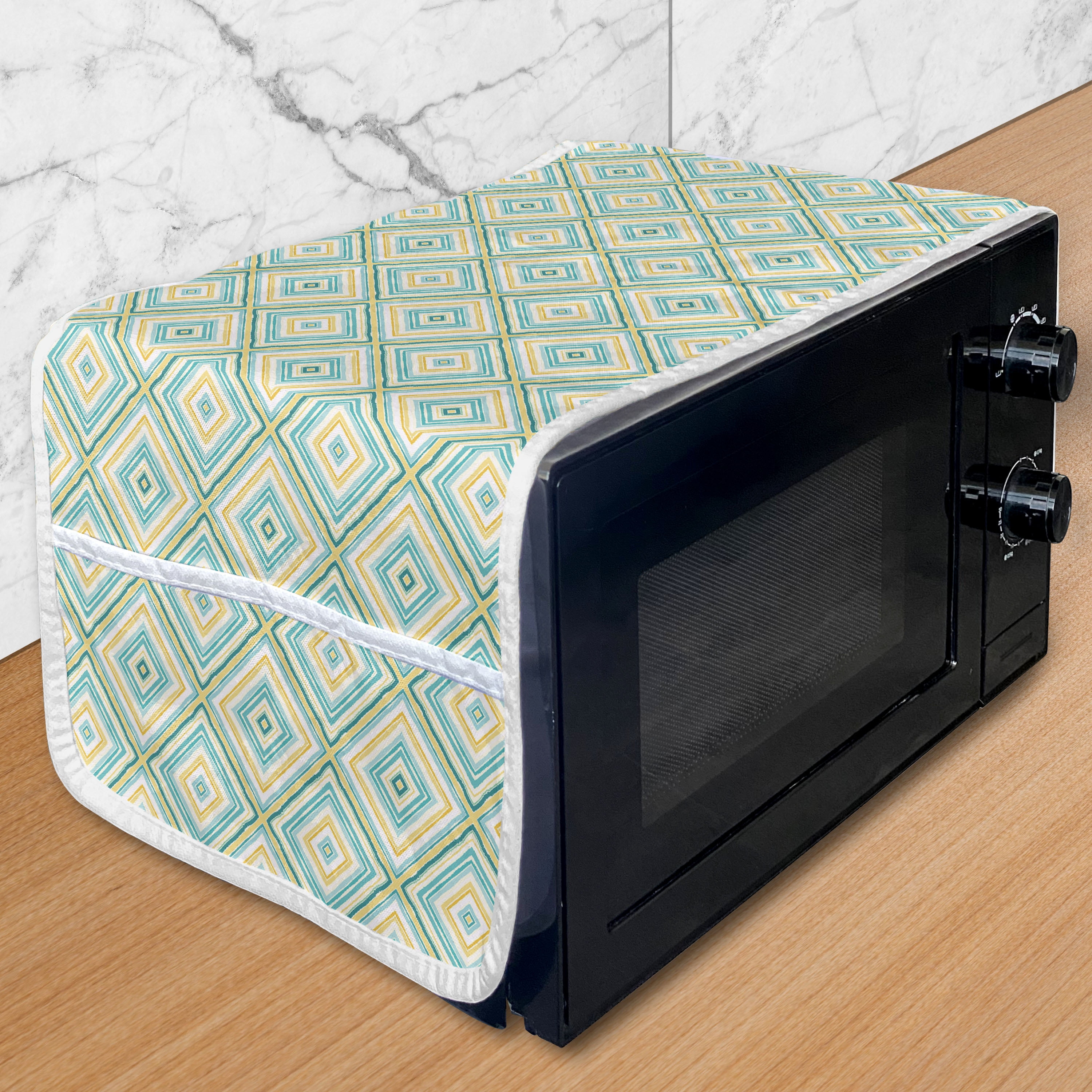 Aqua Microwave Oven Cover, Square Rhombus Lines with Torn Paper Effect ...