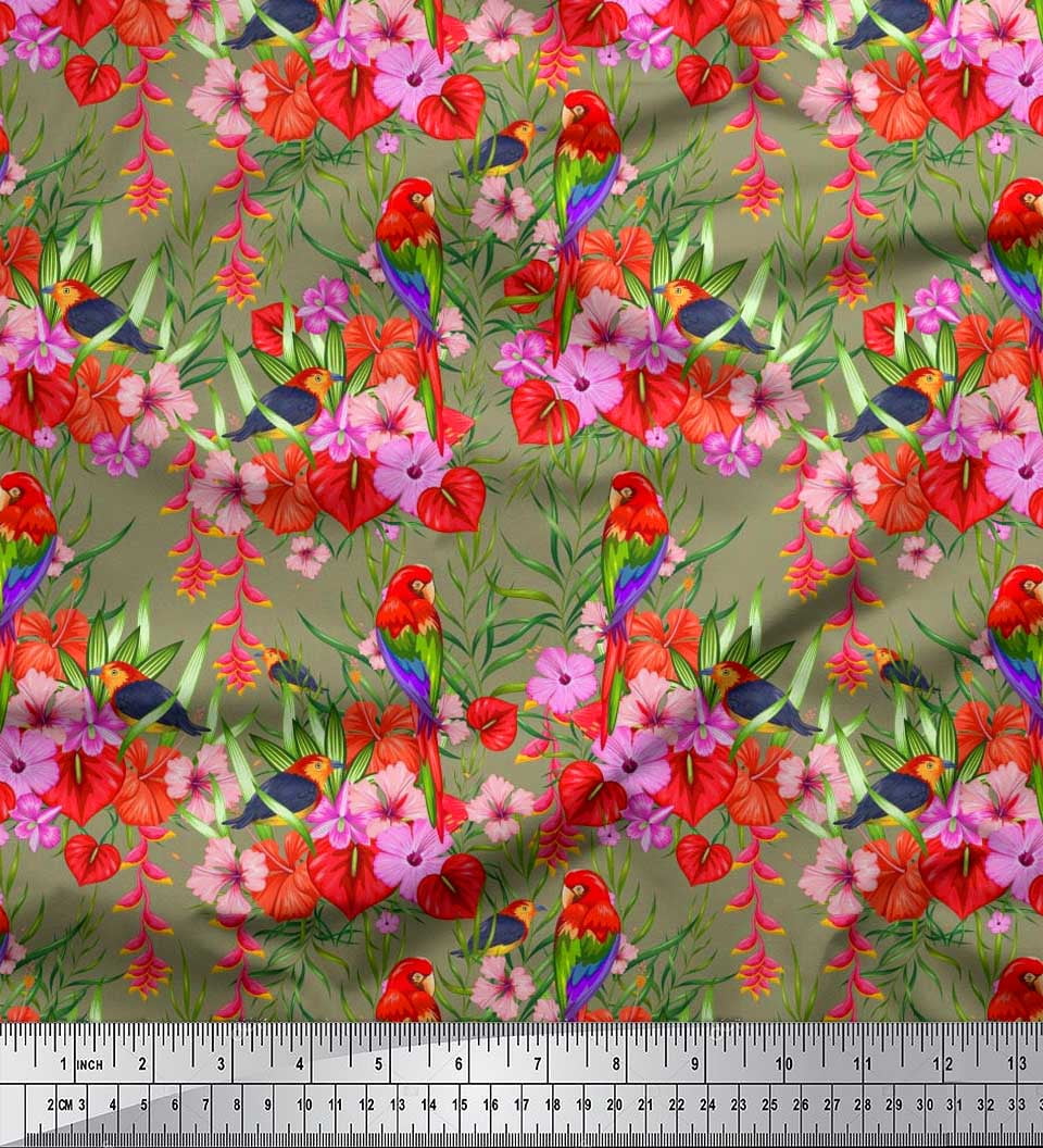 Soimoi Green Cotton Duck Fabric Laceleaf & Macaw Parrot Bird Print ...