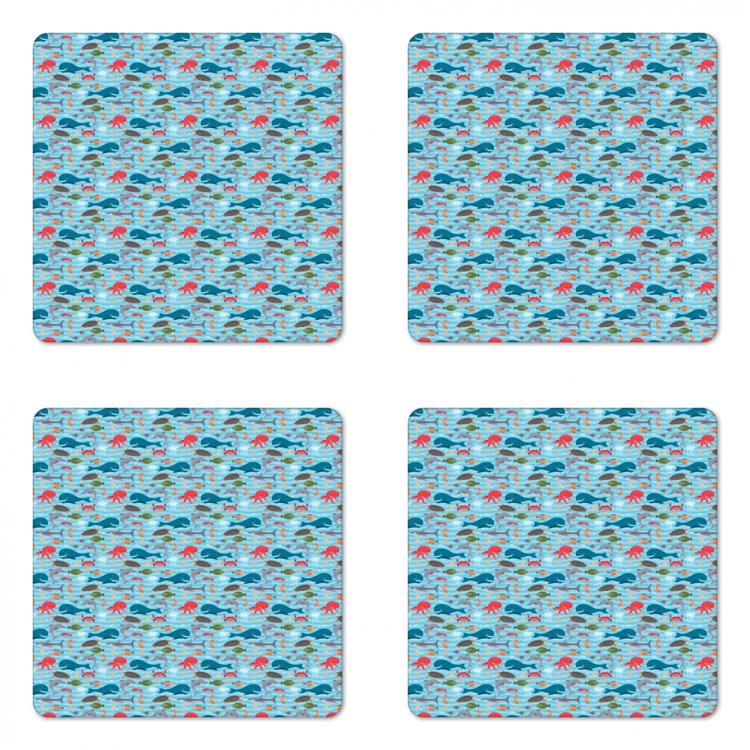 Nautical Coaster Set of 4, Nursery Theme Doodle Smiling Sea Creatures ...