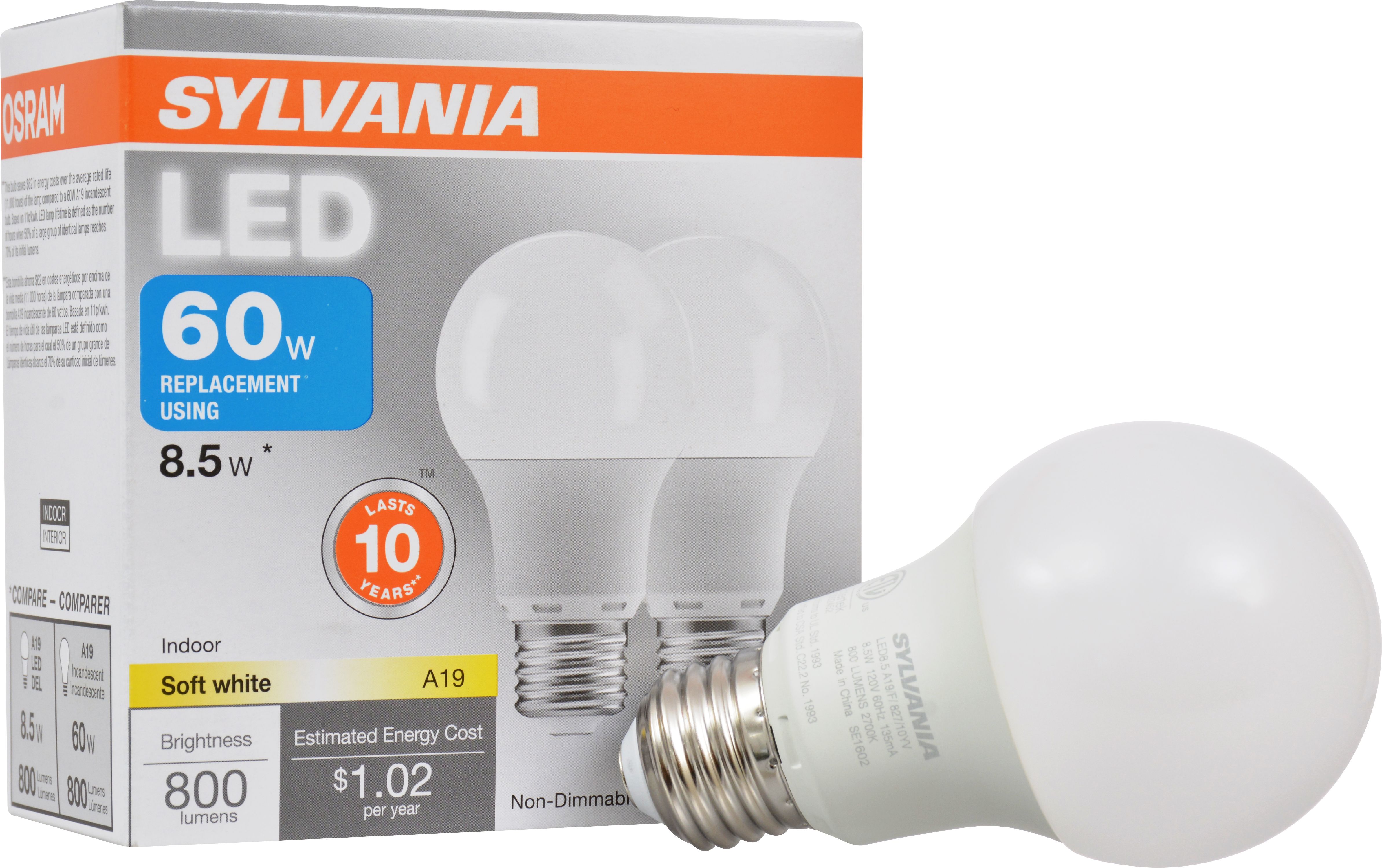 SYLVANIA LED Light Bulb, 60W Equivalent, A19, Soft White, 2-count ...