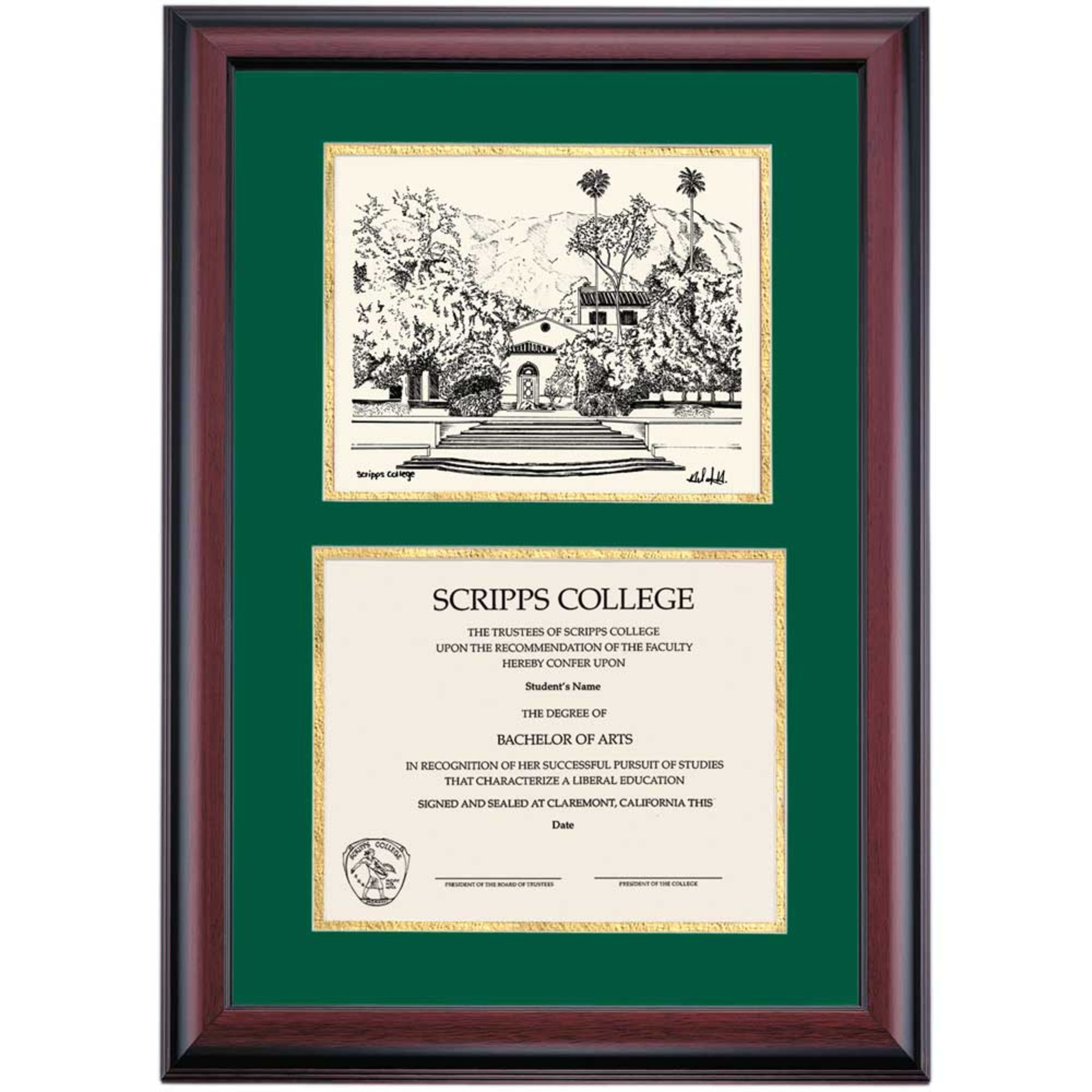 OCM Diploma Frame for Scripps College, Hunter Green/Gold Mat with Toll ...