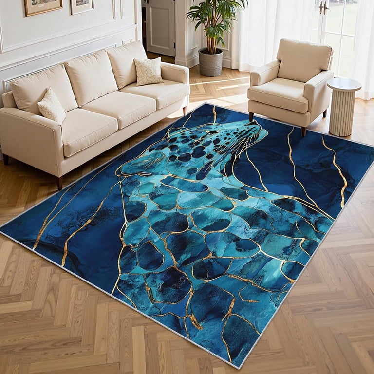 Navy Blue Marble Cheetah Area Rugs, Animal Print Abstract Carpet ...