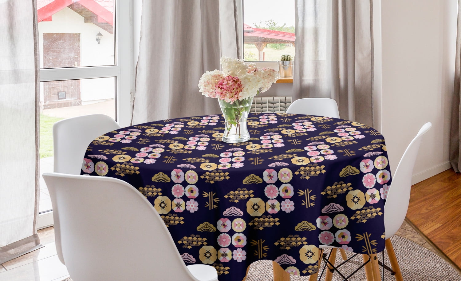 Asian Round Tablecloth, Japanese Art Inspired Sakura Flowers Clouds and ...