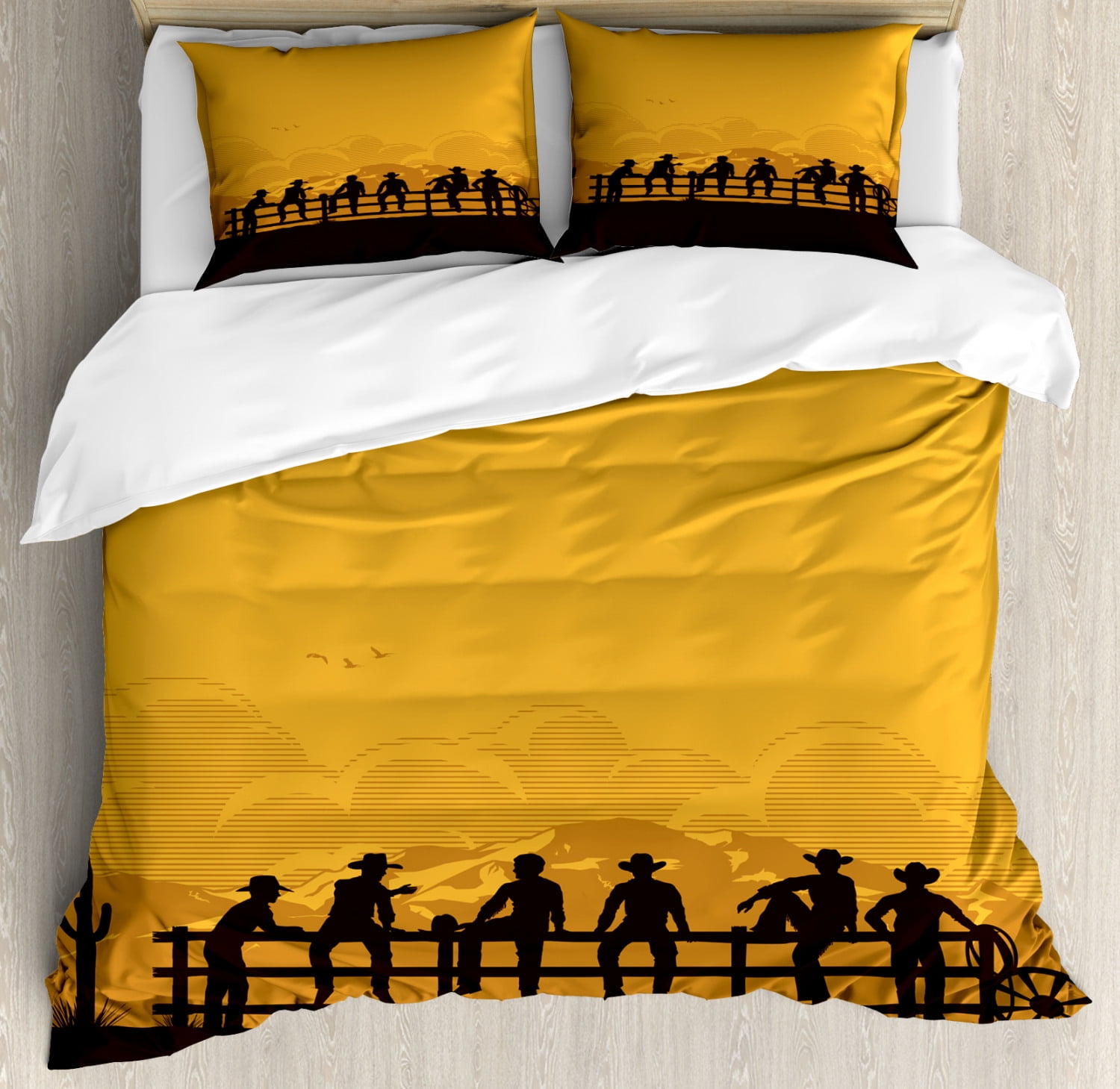 Rodeo Duvet Cover Set Queen Size, Silhouette of Cowboys Sitting on ...