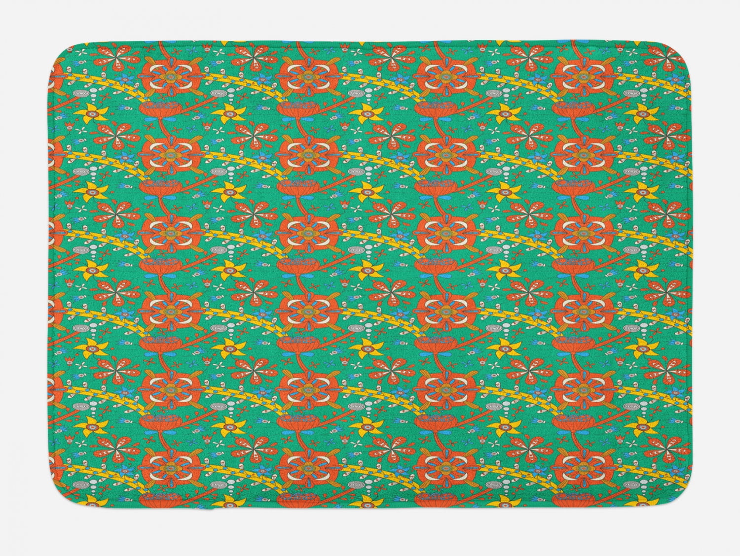 Colorful Bath Mat, Doodle Style Fantastic Flower Drawing with Stripes ...