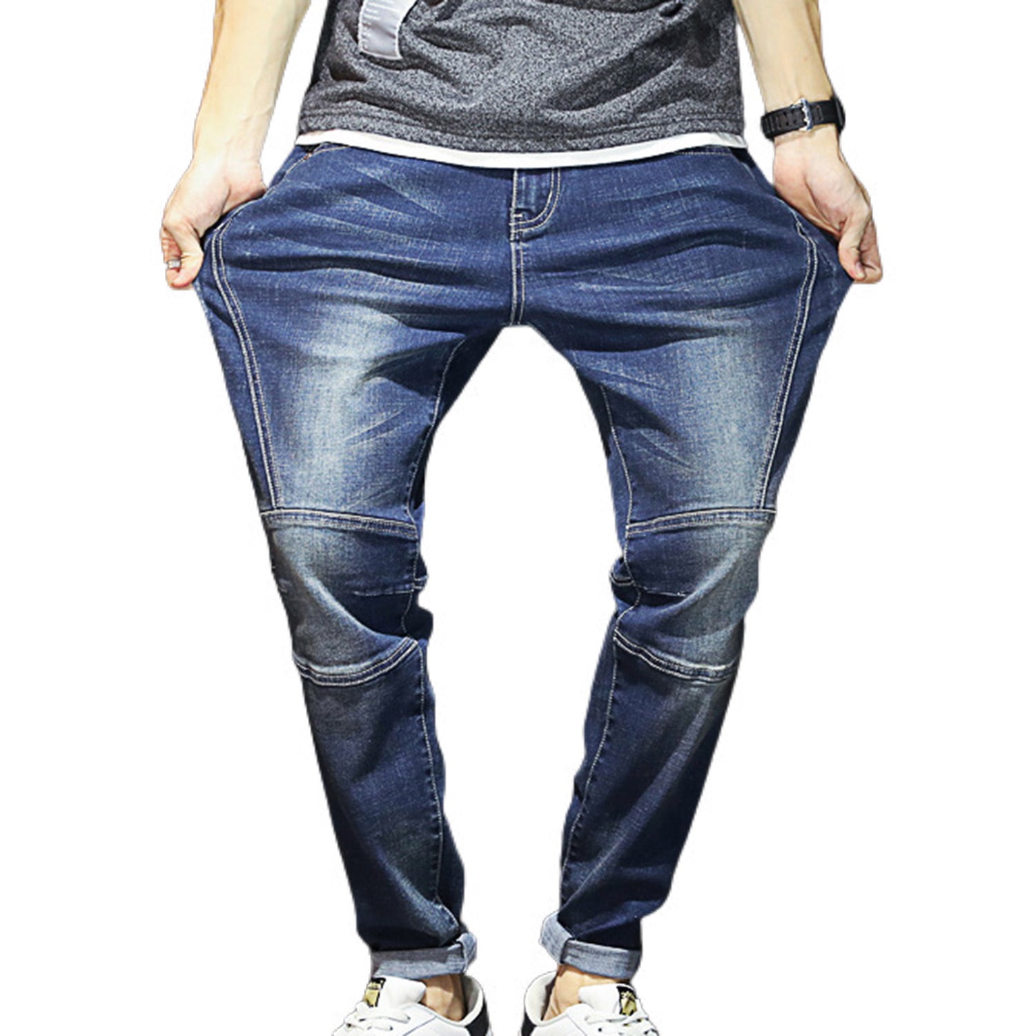 Lu's Chic Men's Faded Jeans Fashion Casual Slim Fit Stone Acid Washed ...