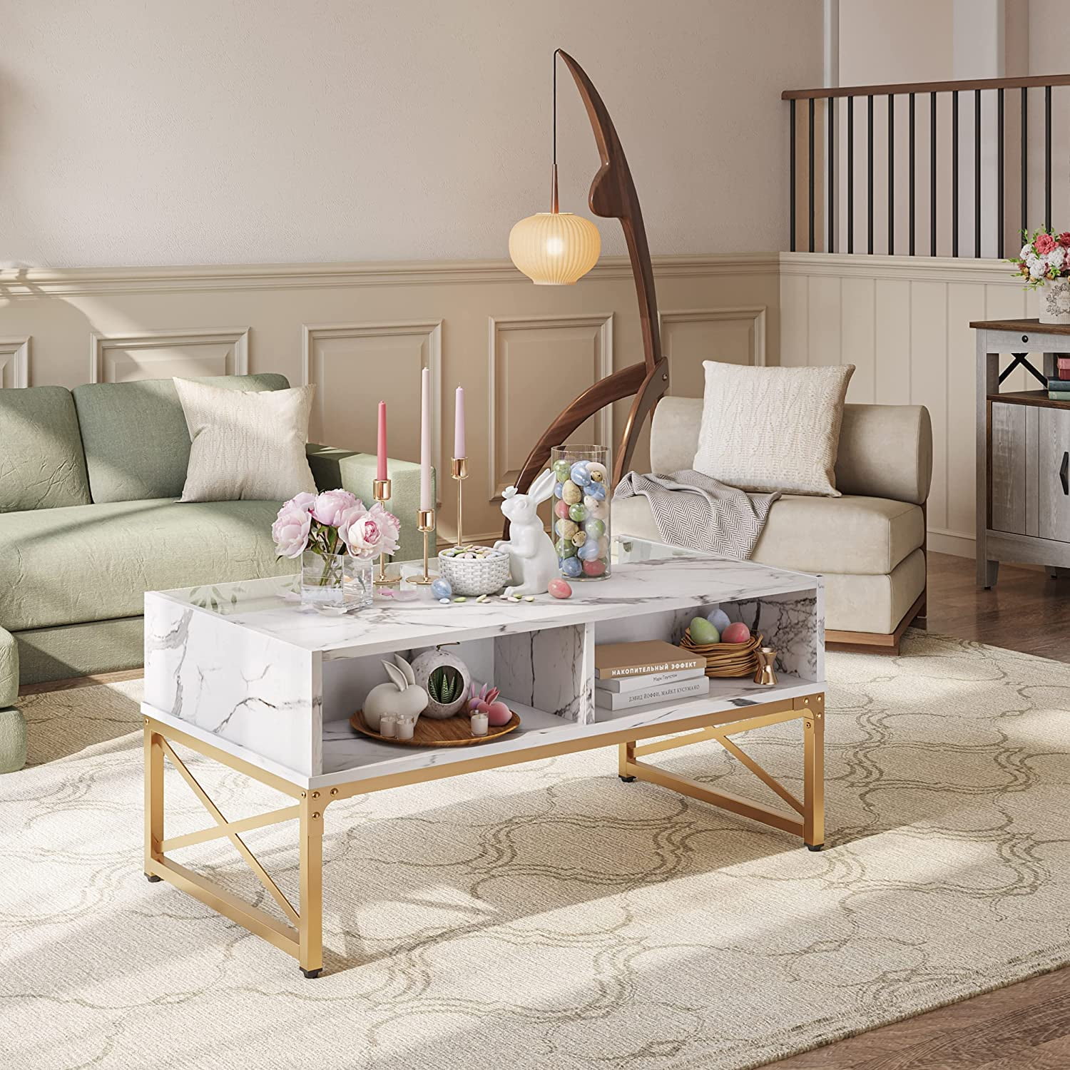 Bestier Modern Beautiful Rectangle 42 inch LED Light Glass Coffee Table ...