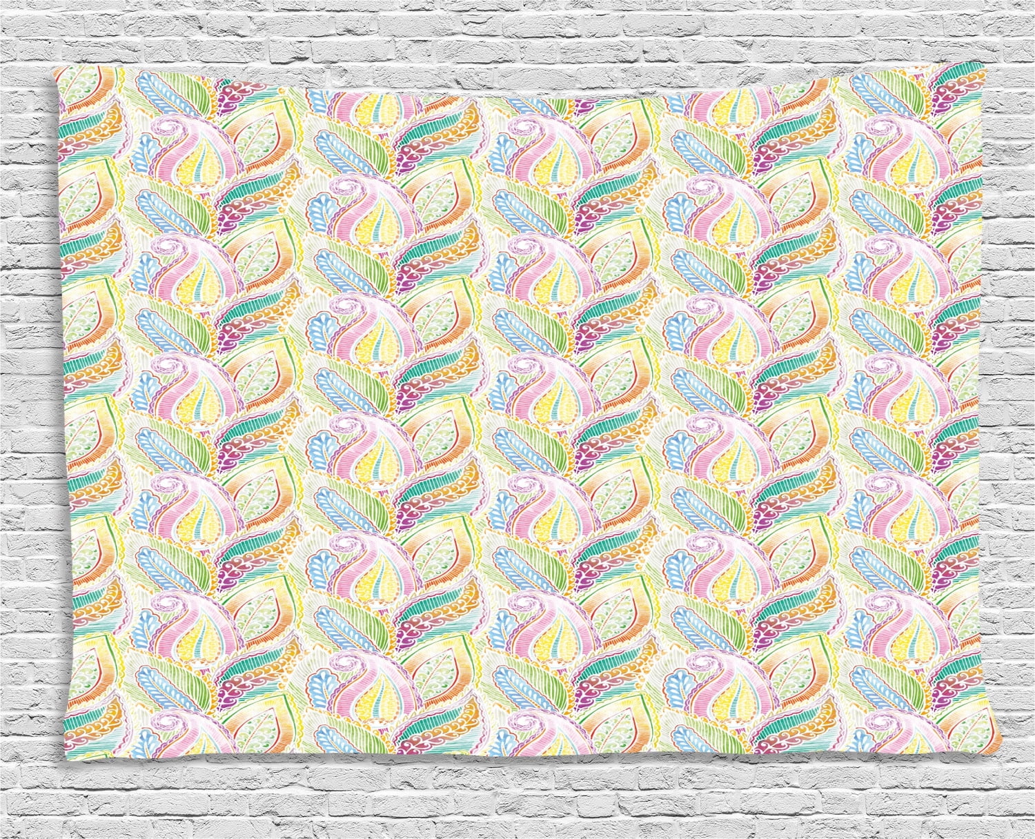 Hippie Tapestry, Boho Soft Pastel Leaves in Ethnic Watercolor Stylized ...