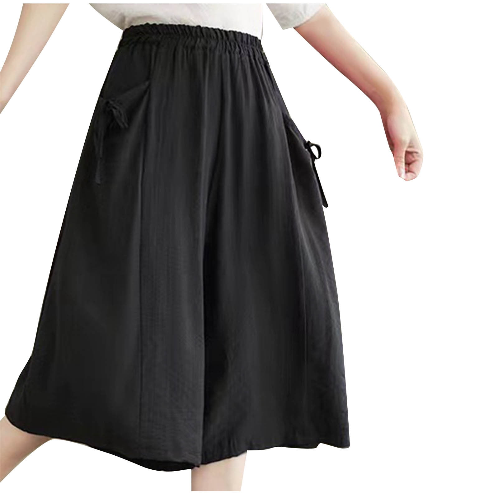 Culottes Capri Pants For Women Elastic Waist Wide Leg Capris Casual