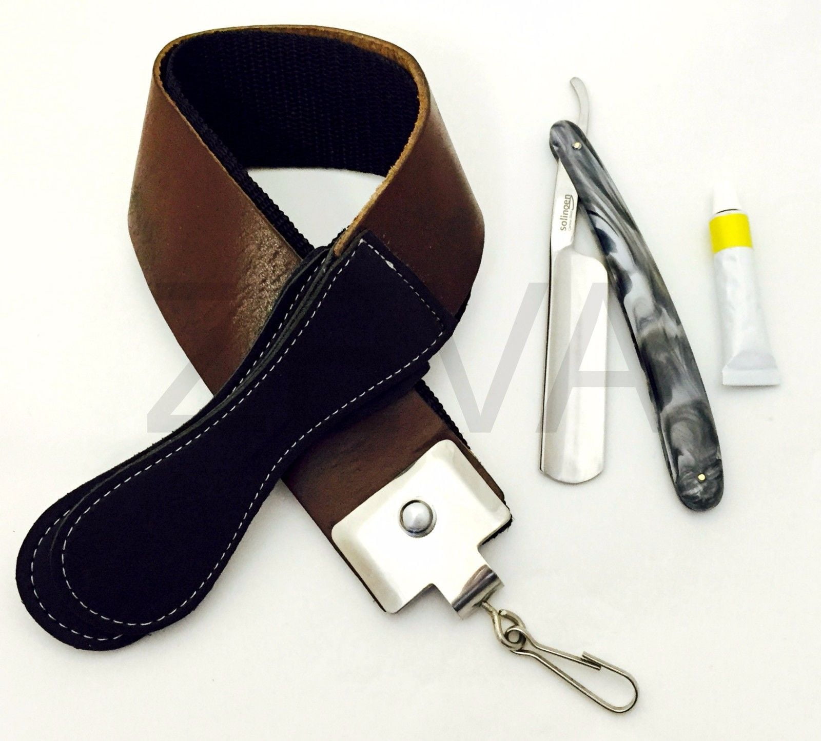 Cut Throat Barber Straight Edge Razor Leather Strop Strap & Dovo Paste ...