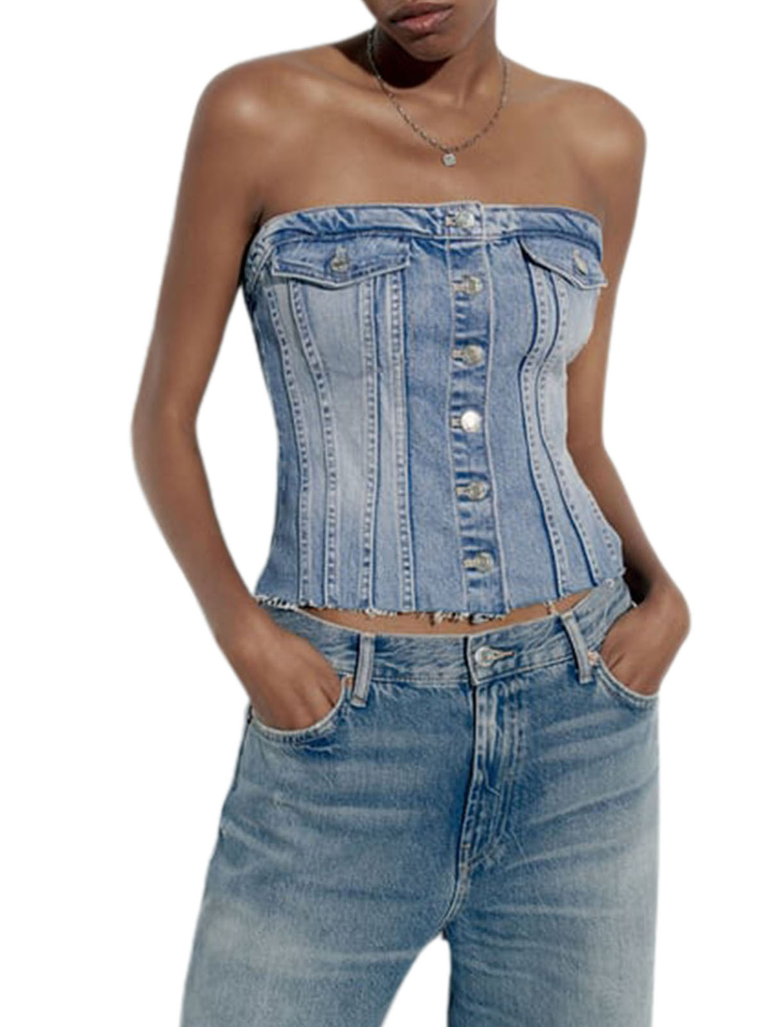 Coduop Women Strapless Denim Tube Top Spaghetti Strap Backless Button ...