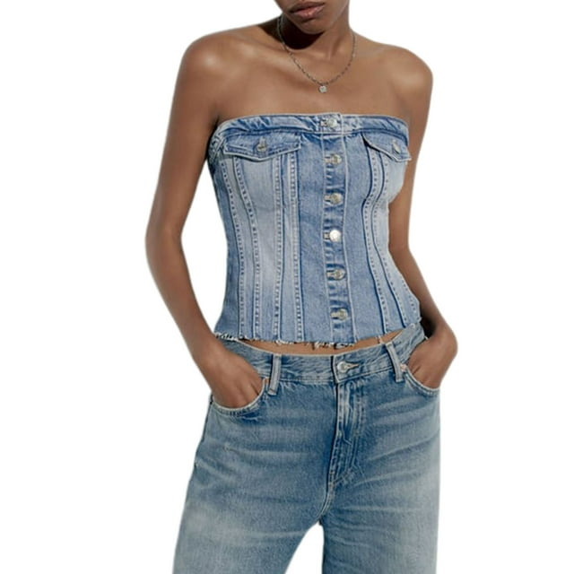Coduop Women Strapless Denim Tube Top Spaghetti Strap Backless Button ...
