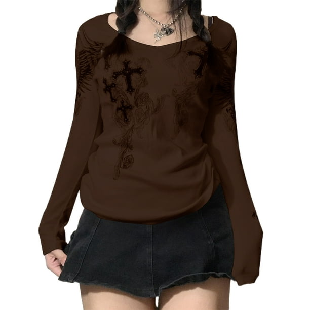 Seyurigaoka 2000s Aesthetic T-Shirt Graphic Cross Wings Print Long ...